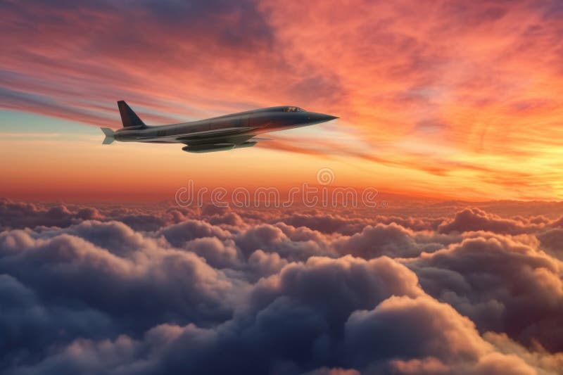 Hypersonic Jet Flying Above Cloud Layer at Sunset Stock Photo - Image ...