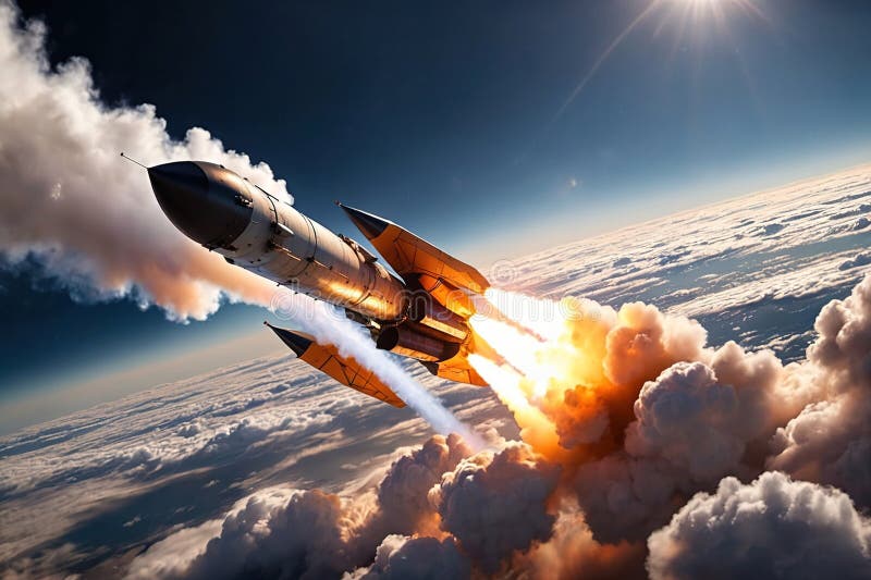 Hypersonic Missiles. a Combat Rocket is Flying Above the Clouds Stock ...