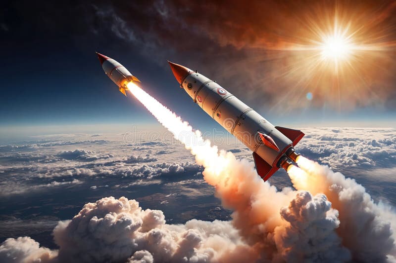 Hypersonic Missiles. a Combat Rocket is Flying Above the Clouds Stock ...