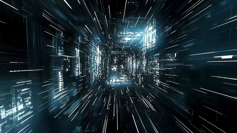 Hyperspace Lines Stretch through a Tech Tunnel, Creating Illusion of Movement Towards a Light ...