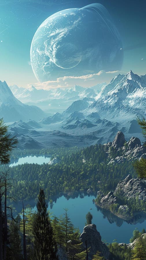 Hypothetical Planet Showing Lush Forests and Snow-Capped Mountains ...