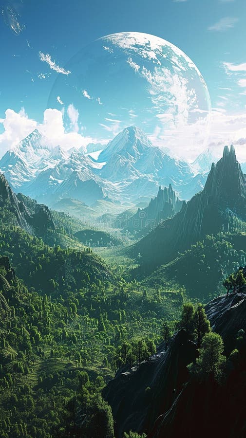 Hypothetical Planet Showing Lush Forests and Snow-Capped Mountains ...