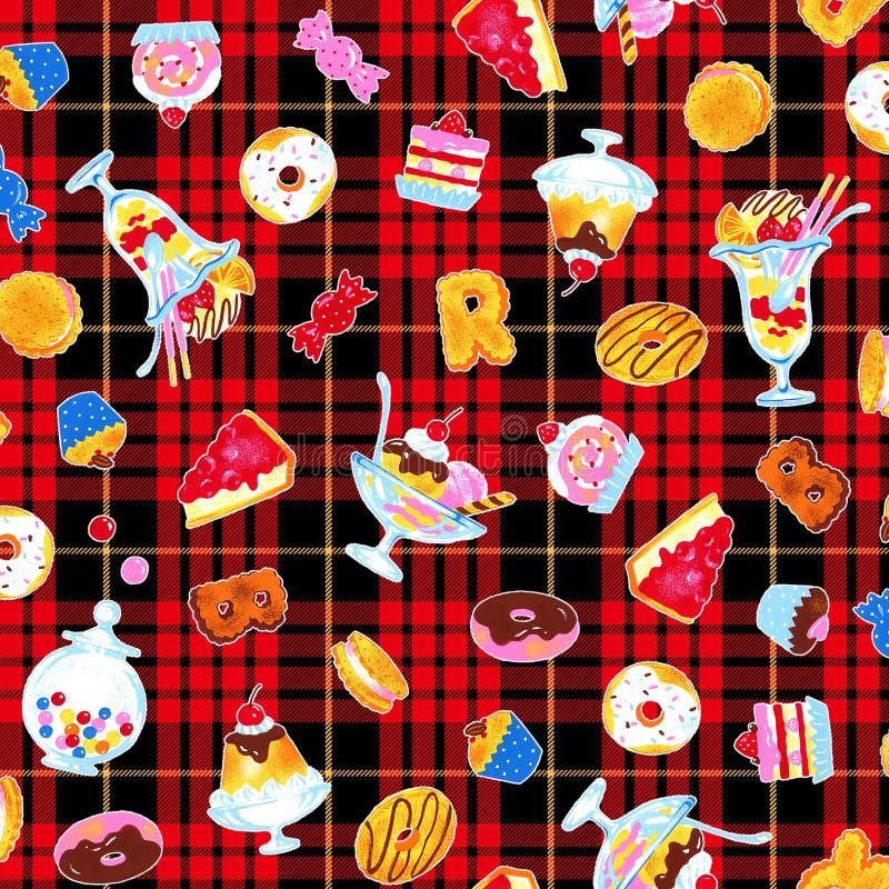 Seamless Pattern of Delicious Sweets Drawn by Hand, Stock Illustration ...