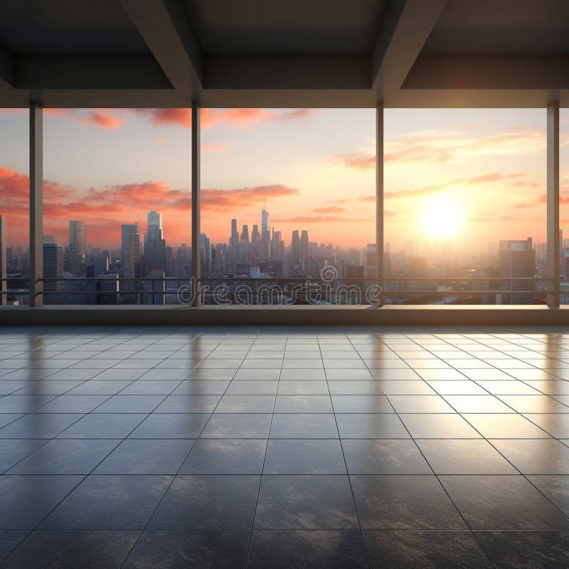 Empty Space of Office Interior with City View during Sunset Stock ...