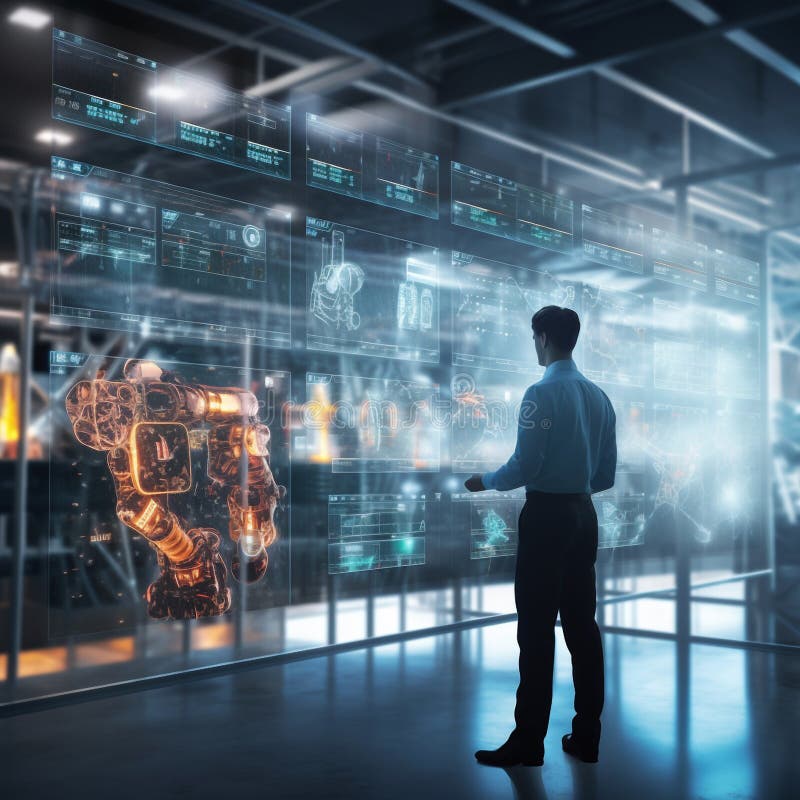 A Man Monitoring and Control Automation Robot Stock Illustration ...