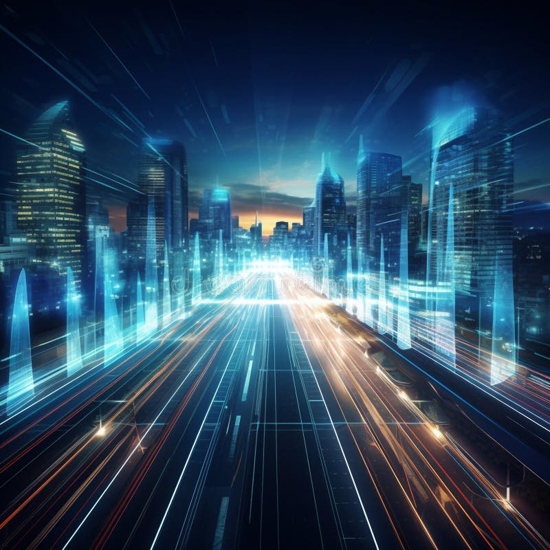A Modern City with Speed Light Trail Stock Illustration - Illustration ...