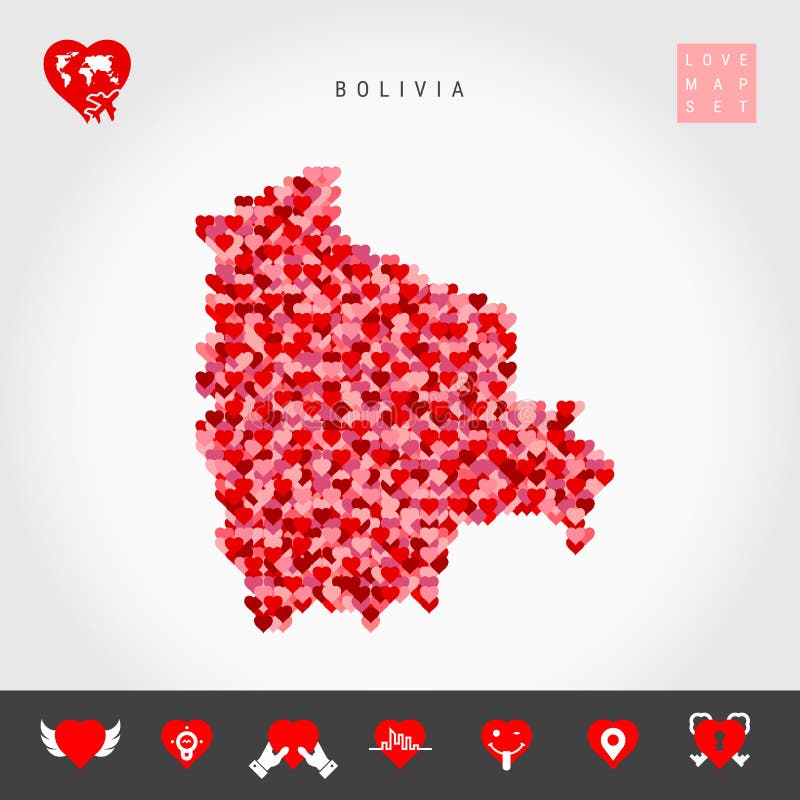 I Love Bolivia. Red Hearts Pattern Vector Map of Bolivia. Love Icon Set ...