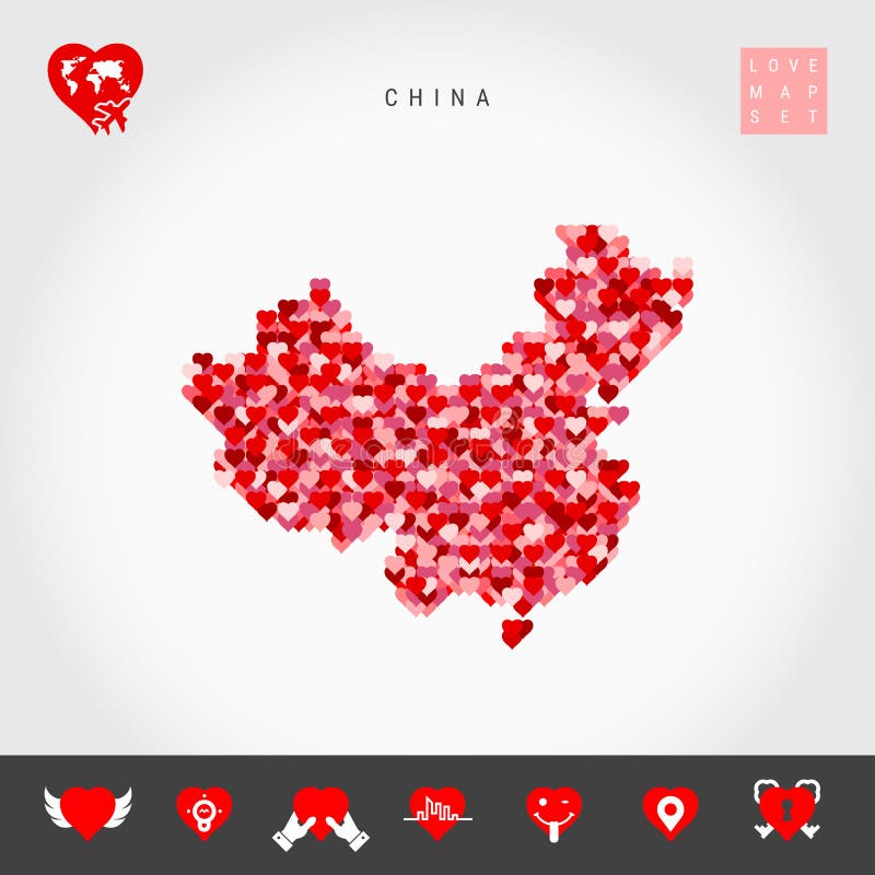 I Love China. Red Hearts Pattern Vector Map of China. Love Icon Set ...