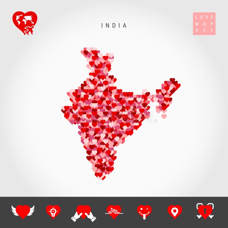 I Love India. Red Hearts Pattern Vector Map of India. Love Icon Set ...