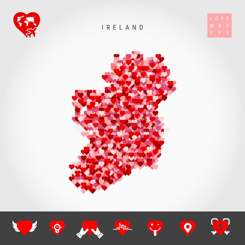 I Love Ireland. Red Hearts Pattern Vector Map of Ireland. Love Icon Set ...