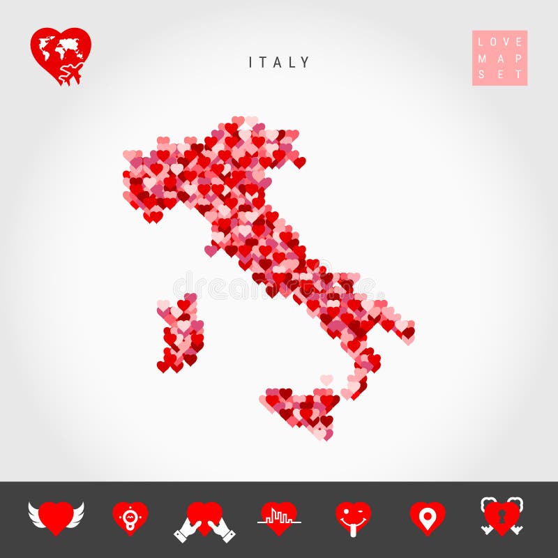 I Love Italy. Red Hearts Pattern Vector Map of Italy. Love Icon Set ...