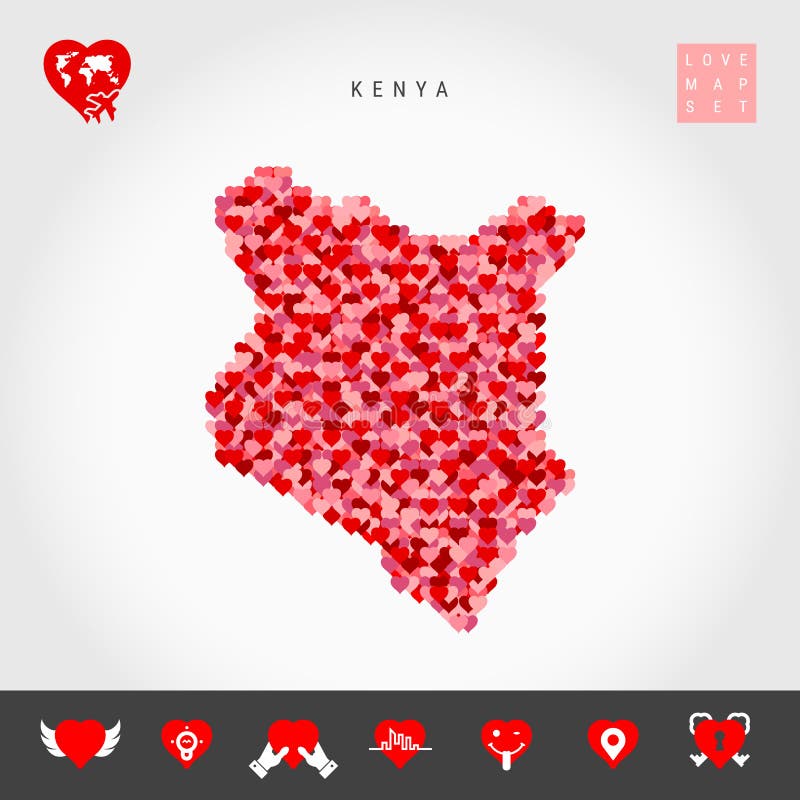 I Love Kenya. Red Hearts Pattern Vector Map of Kenya. Love Icon Set ...