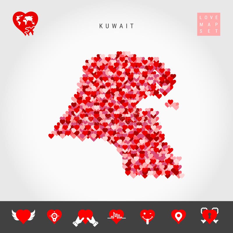 I Love Kuwait. Red Hearts Pattern Vector Map of Kuwait. Love Icon Set ...