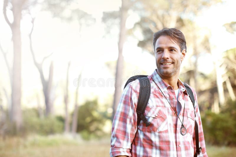 I Love Nature. a Handsome Young Man Wearing a Backpack Outside. Stock ...