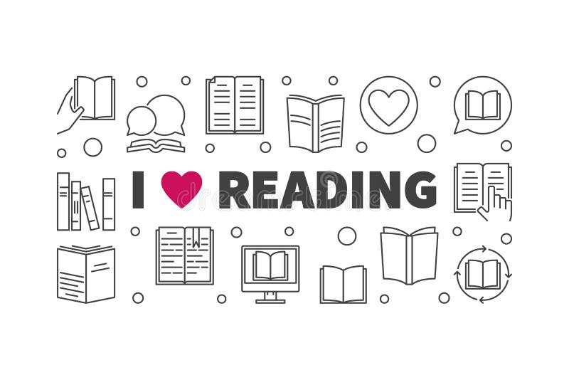 I Love Reading Outline Horizontal Banner. Vector Illustration Stock ...