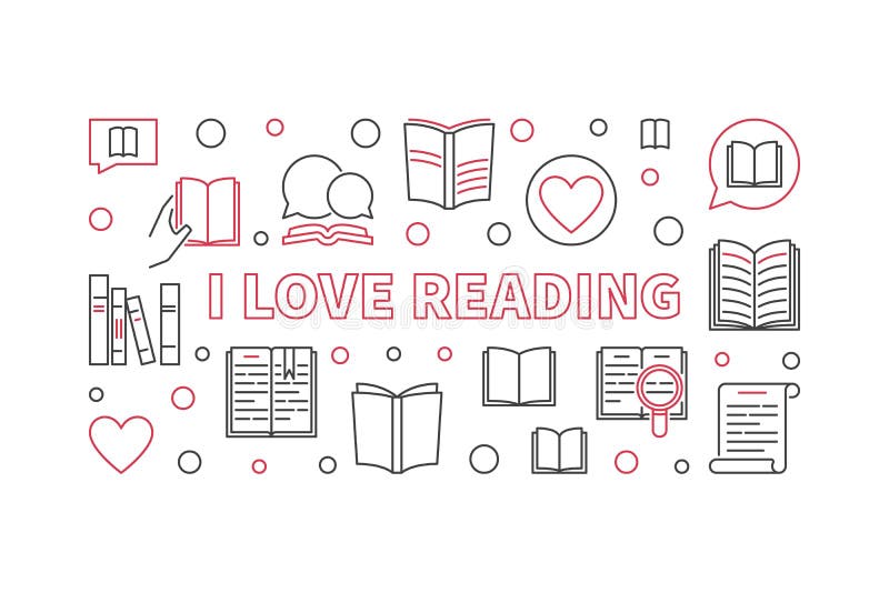 I Love Reading Vector Outline Concept Horizontal Illustration Stock ...