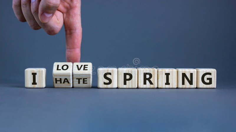 I Love Spring Symbol. Hand Turns Cubes and Changes Words `I Hate Spring ...