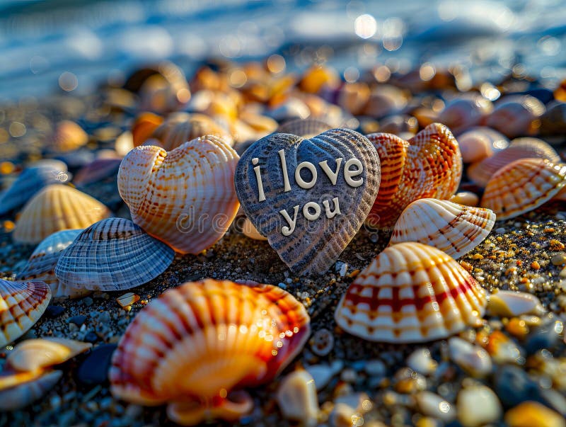 I Love You Shells on the Beach Stock Photo - Image of shape, love ...