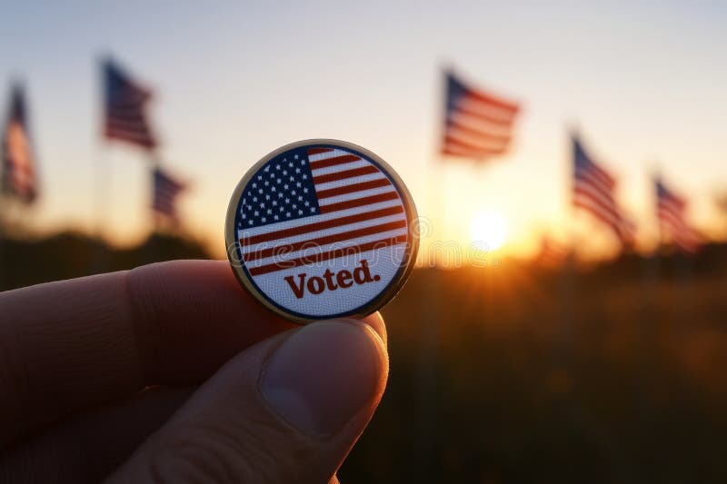 I Voted Button Held Against Sunset with American Flags Waving in the ...