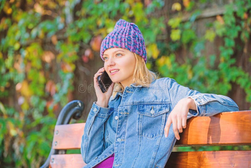 I Am Waiting For You In Park Girl Busy With Smartphone Green Nature Background Woman Having