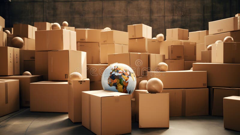 IA-Generated: Cardboard Boxes and Earth Globe - Symbolizing Global ...