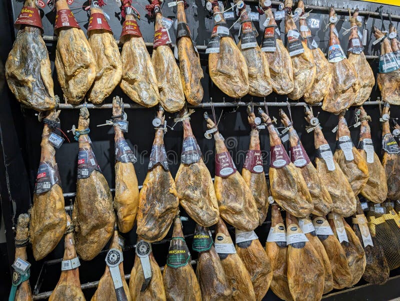 Iberico ham in a store editorial stock image. Image of butcher - 340374049