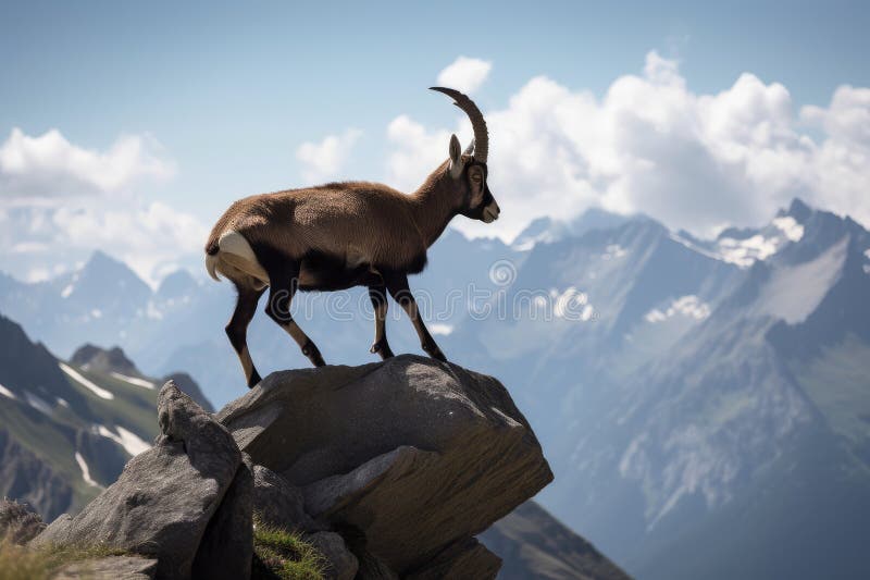 Ibex Balancing on a Cliffside with the View of a Mountain Range in the ...