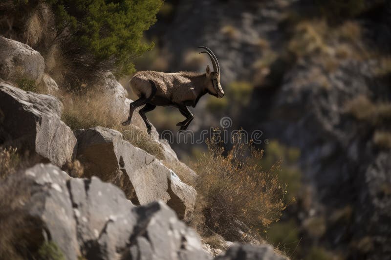 Ibex Jumping from Cliffside and Landing on Safe Ground Below Stock ...