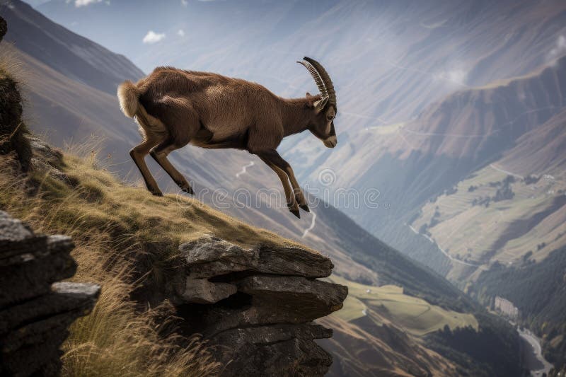 Ibex Jumping from Cliffside, with a View of the Valley Below Stock ...