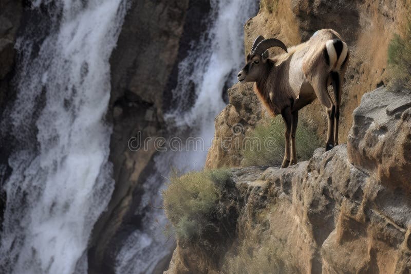 Ibex Looking Down at a Waterfall from Its Vantage Point on the Cliff ...