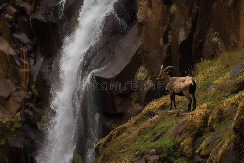 Ibex Looking Down at a Waterfall from Its Vantage Point on the Cliff ...