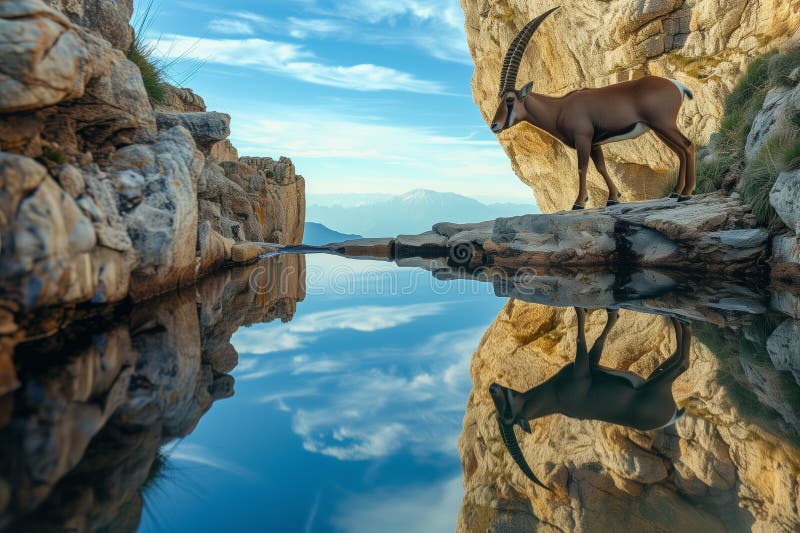 Ibex Reflected in a Mountain Pool on a Cliff Ledge Stock Photo - Image ...