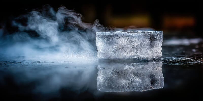 Ice Block with Steam Rising on Reflective Surface in Dark Environment ...
