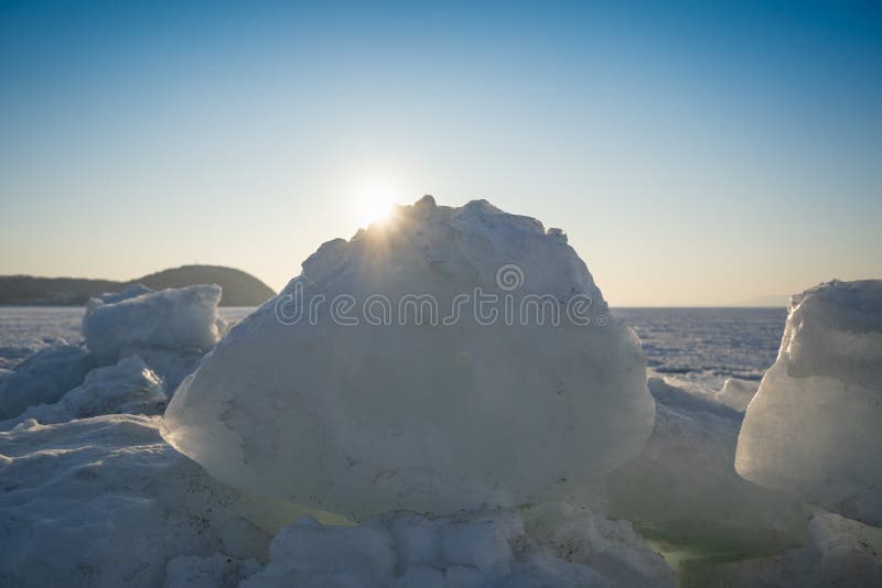 Ice Blocks on the Background of the Frozen Sea Stock Photo - Image of ...