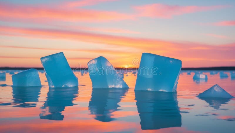 Ice Blocks Reflecting Sunset Over Calm Water Stock Illustration ...