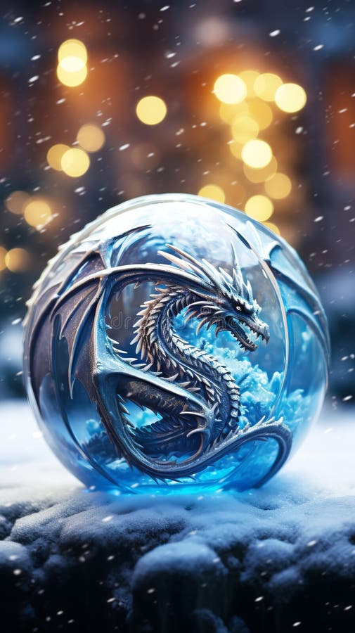 Ice Blue Dragon in Christmas Magic Snow Ball on Snow in Winter Forest ...