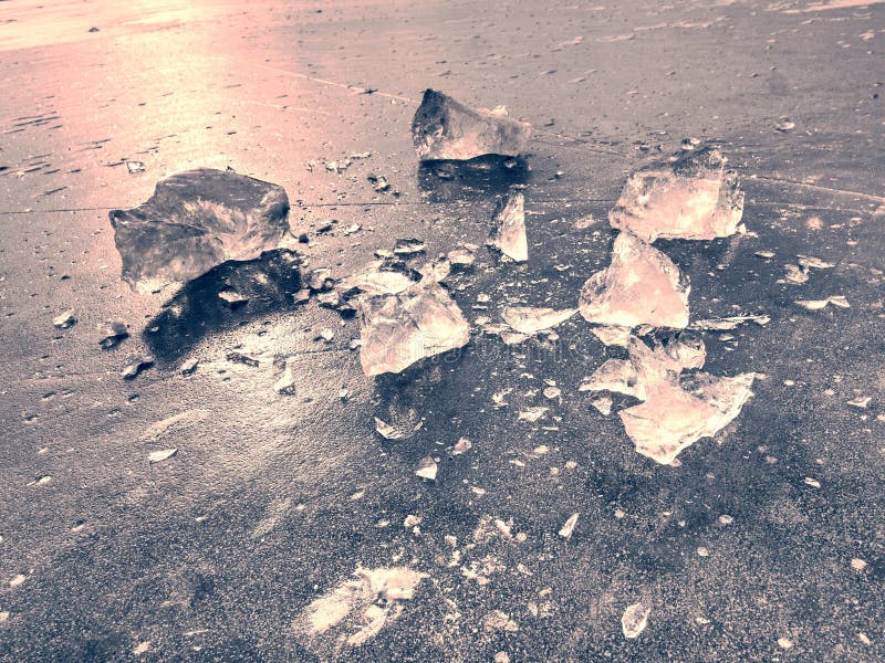 Ice Breaking. Floe on Frozen Lake with Sunset Sky Stock Image - Image ...