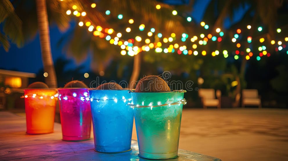 Ice Buckets Filled with Coconut Drinks Beneath Multicolored String ...
