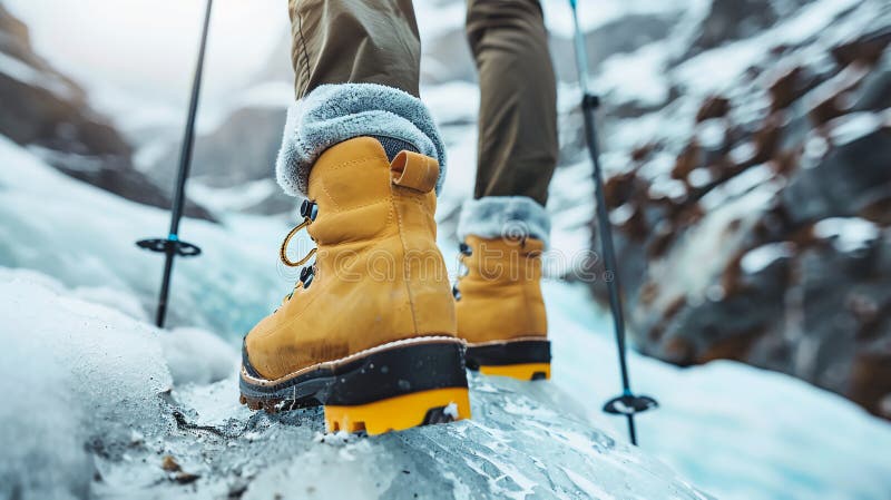 Ice-Capped Challenge: Triumph on a Daunting Mountain Path Stock ...