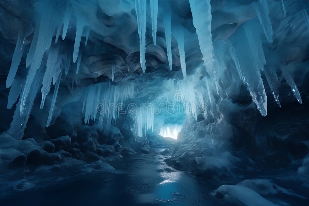 Ice Cave with Blue Stalagmites and Water, 3d Render Stock Illustration ...