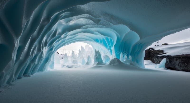 An Ice Cave Entrance with Glowing Blue Ice. Stock Photo - Image of ...