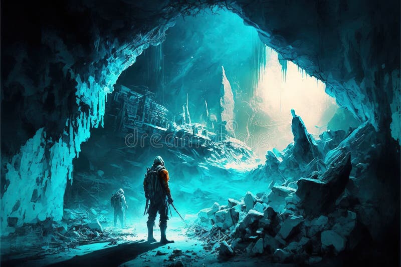 Ice Cave Exploration in with Futuristic Sci-fi Pioneer Explorer Stock ...