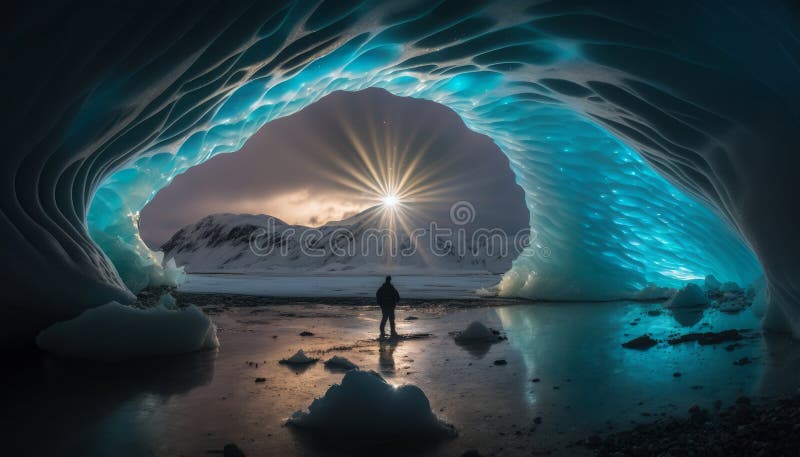 Ice Cave in Iceland with a Man Standing in Front of it. Generative AI ...