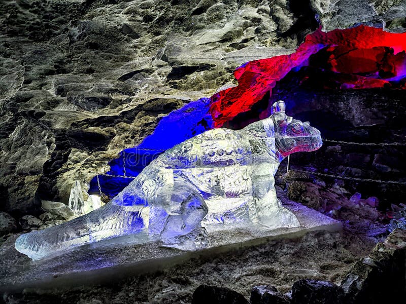 Ice in Cave, Illuminated by Artificial Lighting, with Large Differences ...