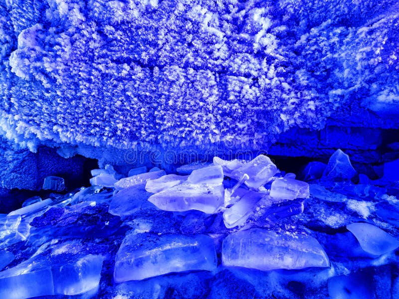 Ice in Cave, Illuminated by Artificial Lighting, with Large Differences ...