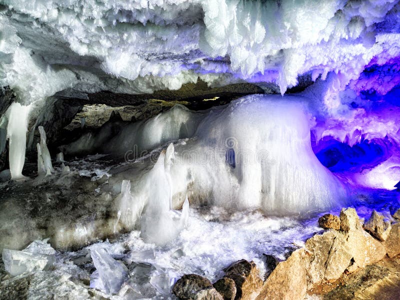 Ice in Cave, Illuminated by Artificial Lighting, with Large Differences ...