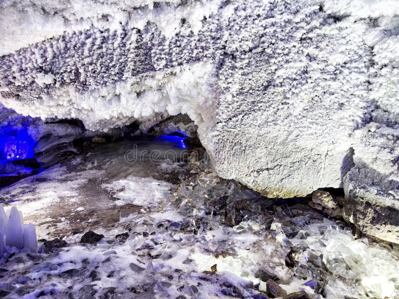 Ice in Cave, Illuminated by Artificial Lighting, with Large Differences ...