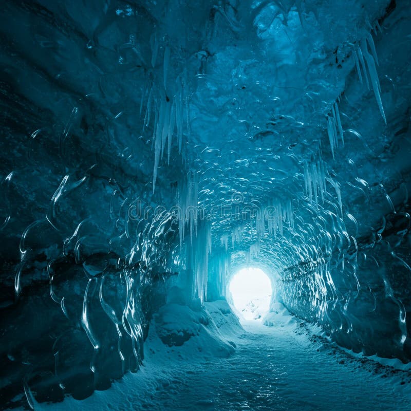 Ice Cave Interior with Smooth, Reflective Icy Walls Displaying Shades ...