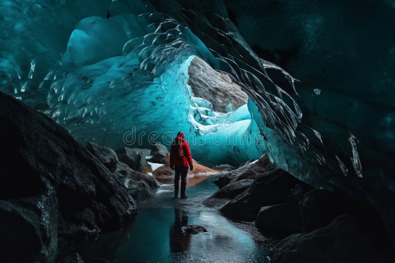 Ice Cave Landscape with a Man Standing in the Ice Cave. AI Generated ...