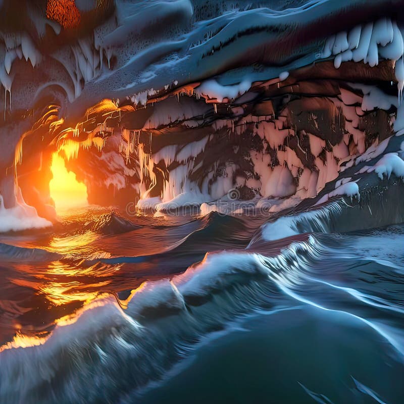 Ice Cave with Reflections of Fire from Flowing Lava from a Volcanic ...
